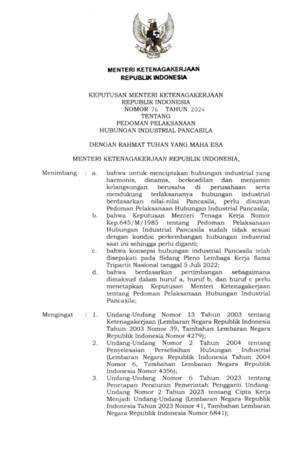 KEPMEN KETENAGAKERJAAN NOMOR 76 TAHUN 2024 TENTANG PEDOMAN PELAKSANAAN HUBUNGAN INDUSTRIAL ...